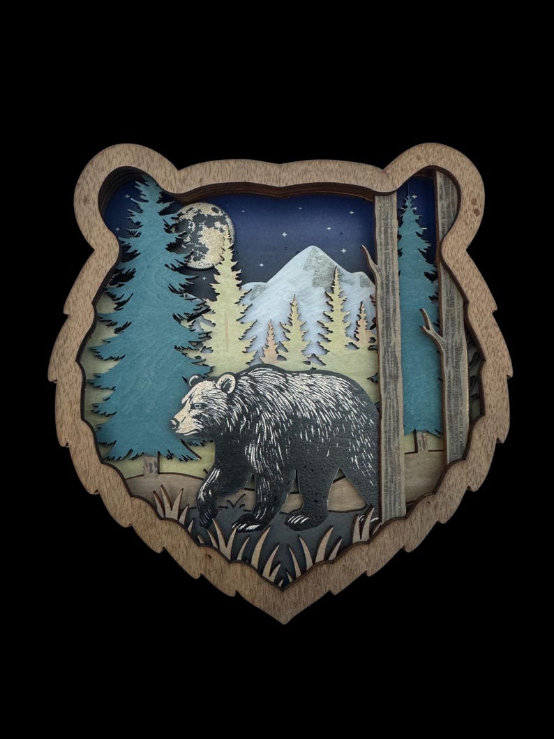 7 Layer Bear Head Forest Scene SVG | Layered Mountain Landscape Laser ...