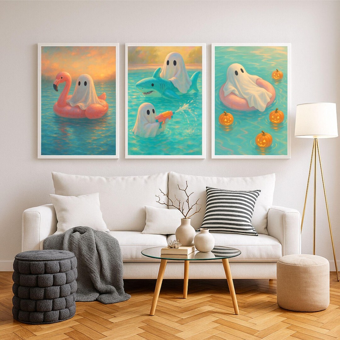 Summerween Halloween Gallery Wall Art Set of 3 - Cute Ghosts Painting ...