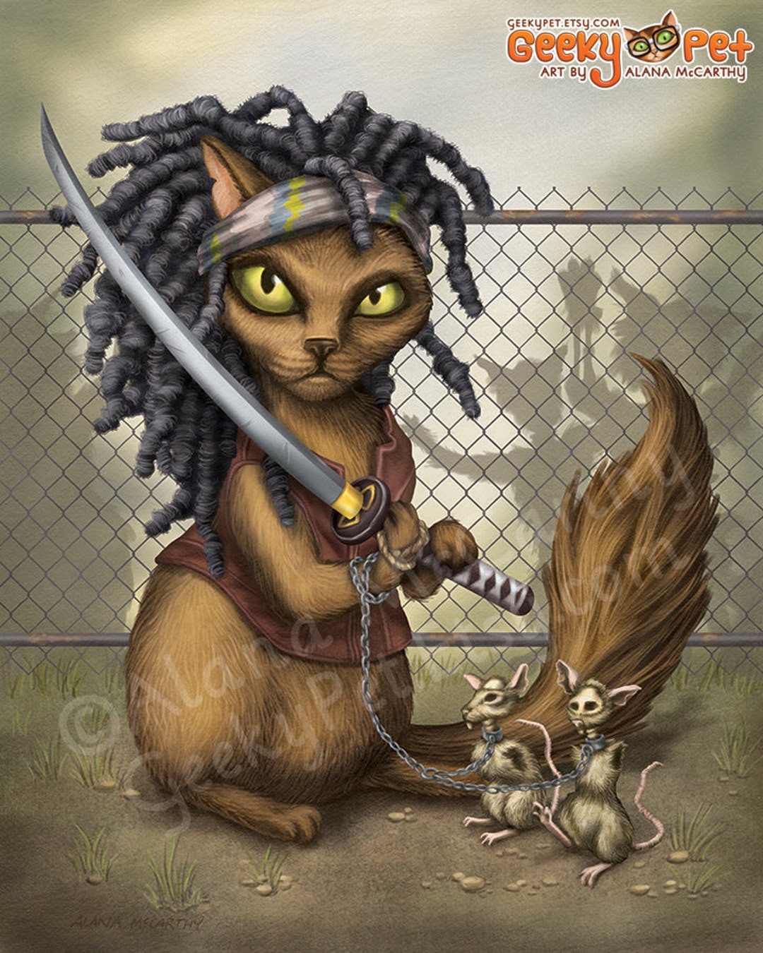Mewchonne Cat - 8x10 Art Print - Mewchonne With Her Samurai Sword and ...
