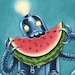 Robowatermelon - 8 X 8 Art Print - Funky Retro Robot Eating Watermelon ...