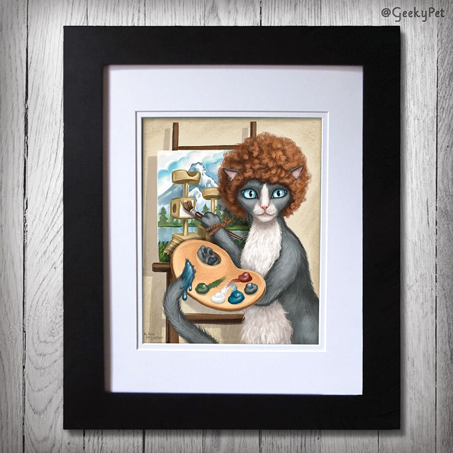 Bob Ross Cat 8 x 10 art print Bob Ross as a kitty painting | Etsy