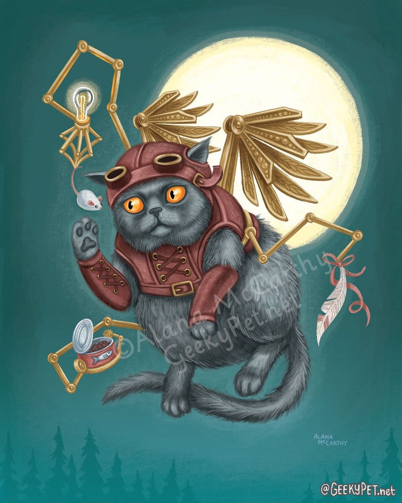 Steampunk Cat 8x10 Art Print Grey Kitty in Steampunk | Etsy