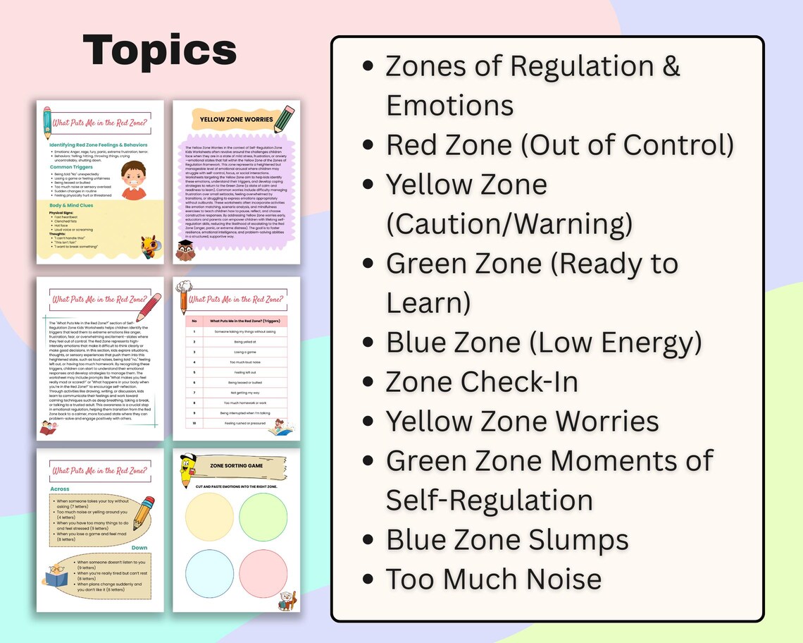 Self Regulation Zone Kids Worksheets: Social Emotional Learning, Calm ...