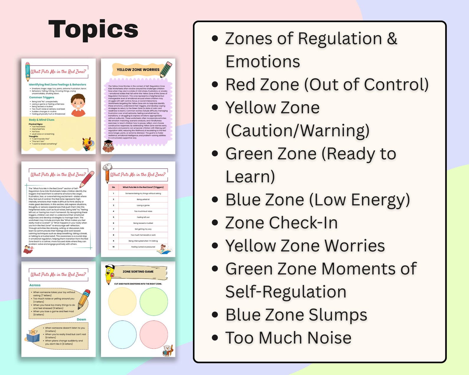 Self Regulation Zone Kids Worksheets: Social Emotional Learning, Calm ...