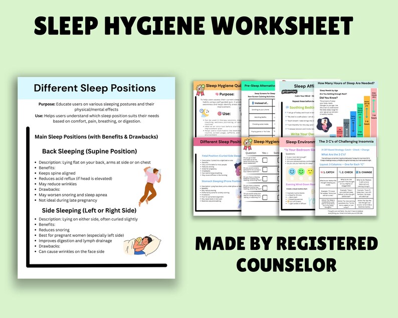 Sleep Hygiene Worksheets, Sleep Journal, Therapy Office Decor, Self ...