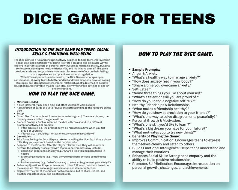 Teen Therapy Dice Game: Anxiety, Anger, Self-esteem Table Talk ...