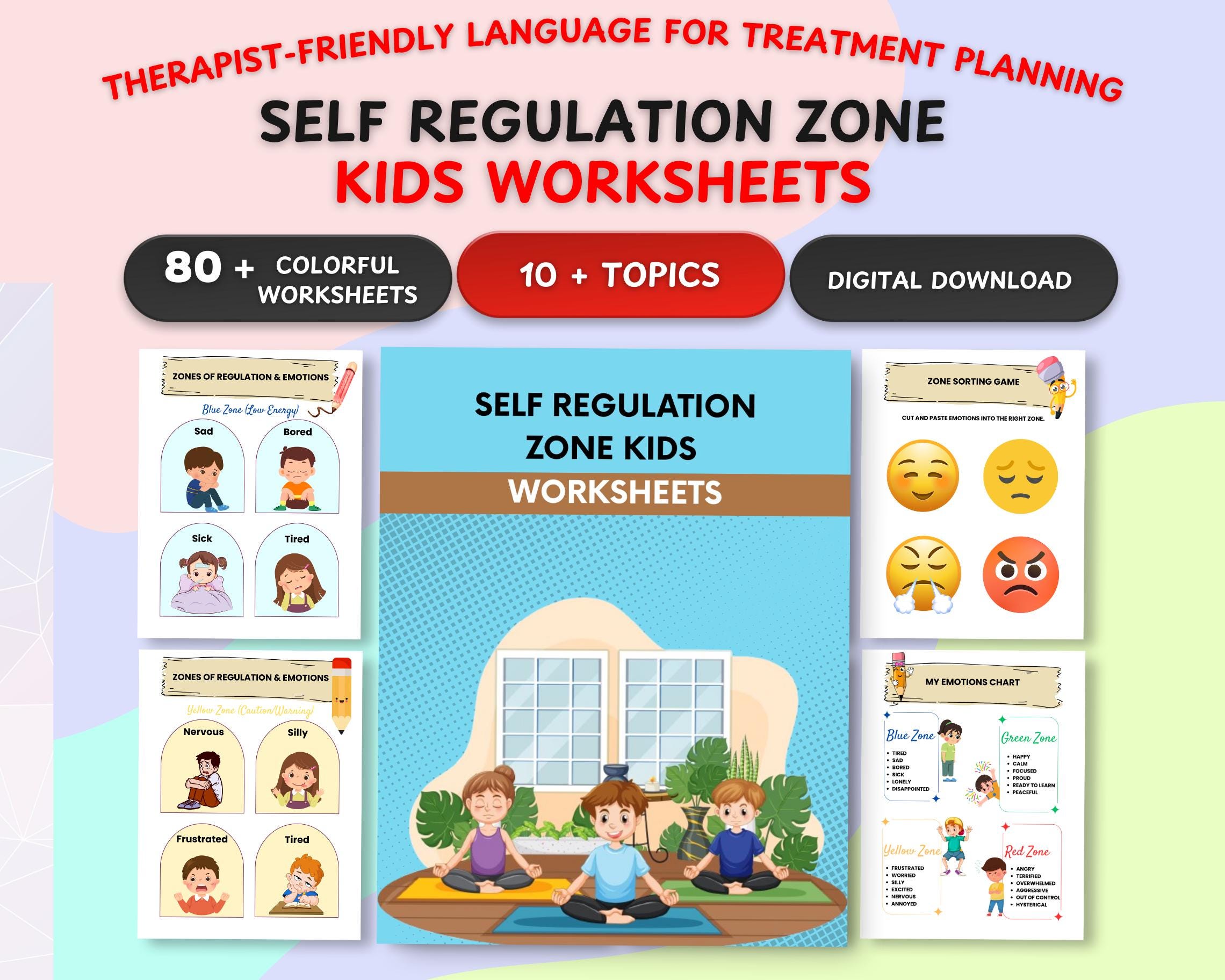 Self Regulation Zone Kids Worksheets: Social Emotional Learning, Calm ...
