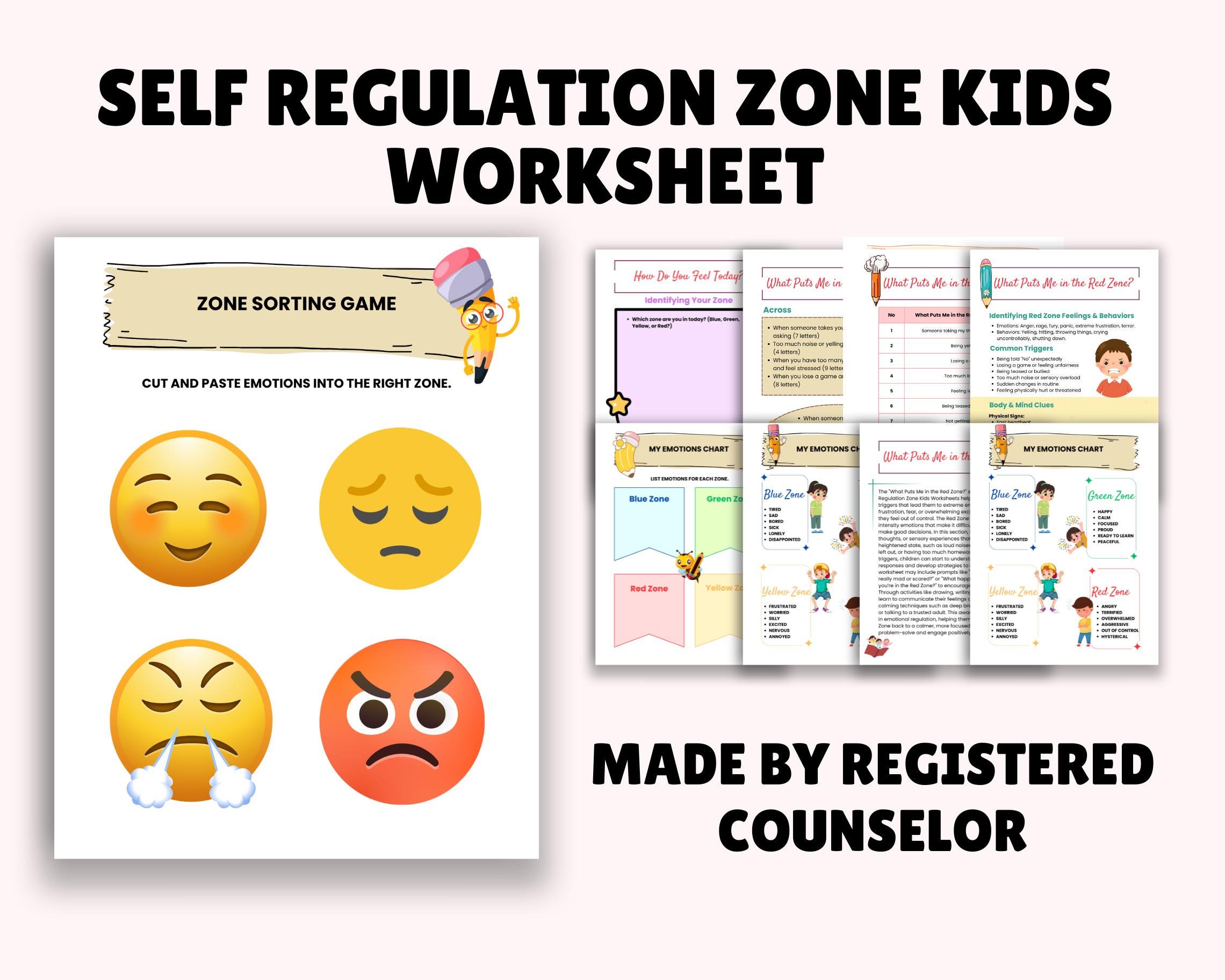 Self Regulation Zone Kids Feeling Worksheets, School Counselling ...