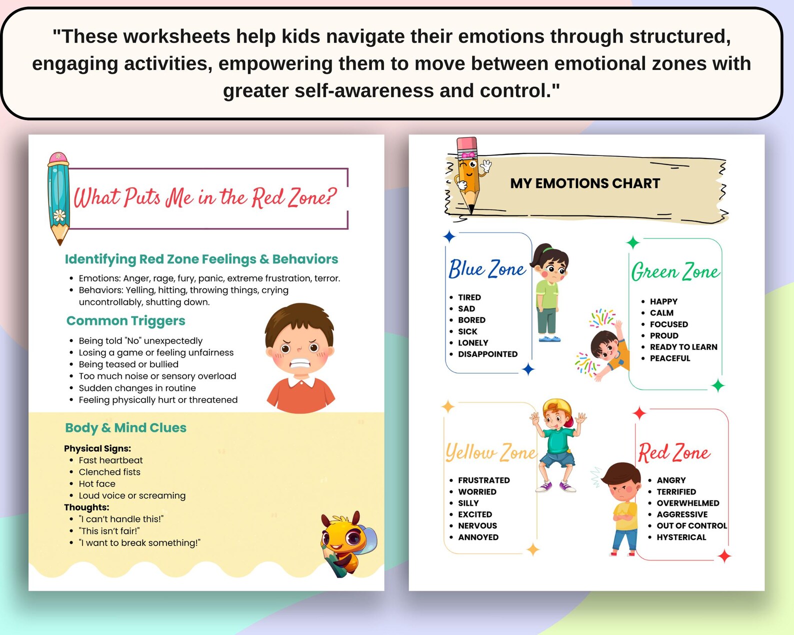 Self Regulation Zone Kids Worksheets: Social Emotional Learning, Calm ...