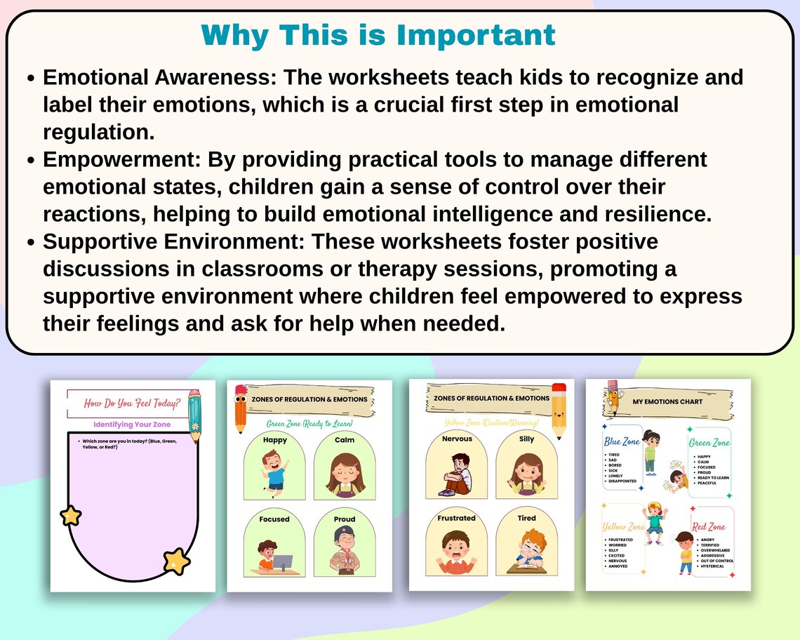 Self Regulation Zone Kids Worksheets: Social Emotional Learning, Calm ...