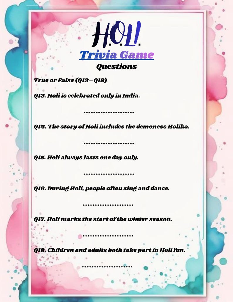 Holi Trivia Game, Festival of Colors Quiz (PDF) - Etsy