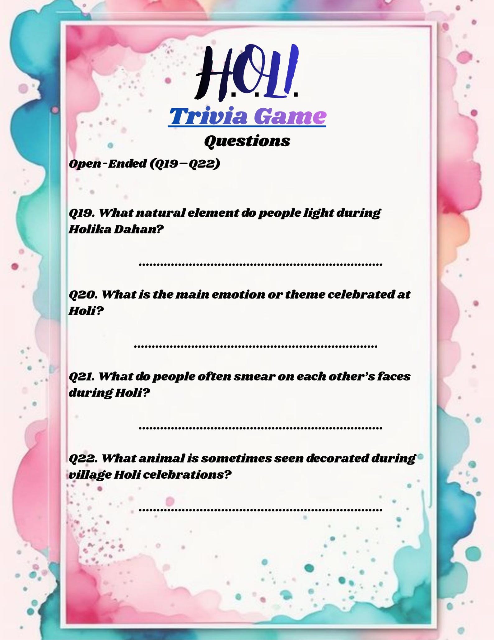 Holi Trivia Game, Festival of Colors Quiz (PDF) - Etsy