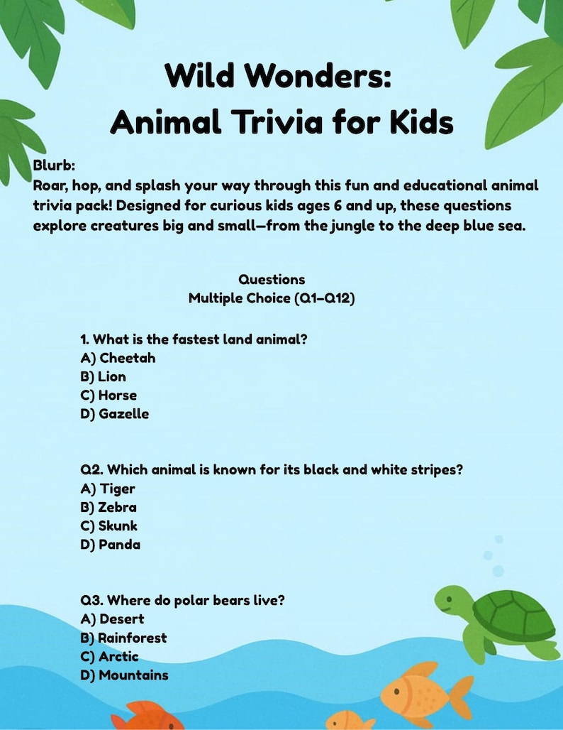 Animal Trivia Game for Kids | Printable Quiz (PDF) - Etsy