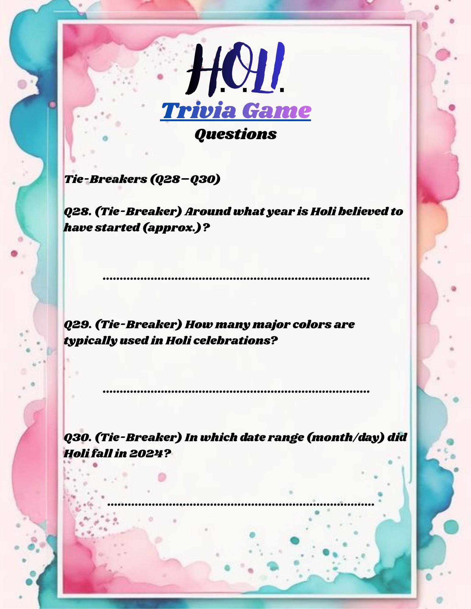 Holi Trivia Game, Festival of Colors Quiz (PDF) - Etsy