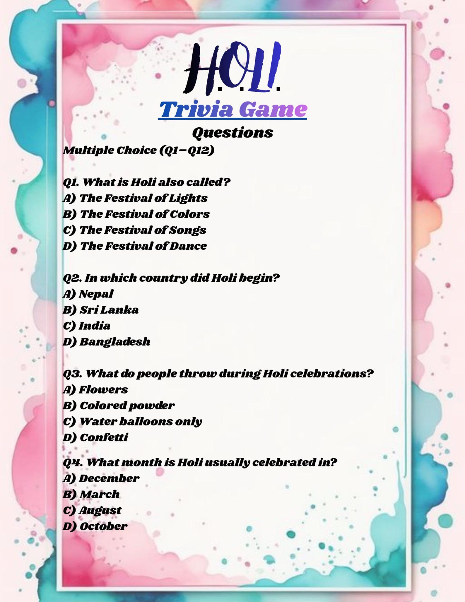 Holi Trivia Game, Festival of Colors Quiz (PDF) - Etsy