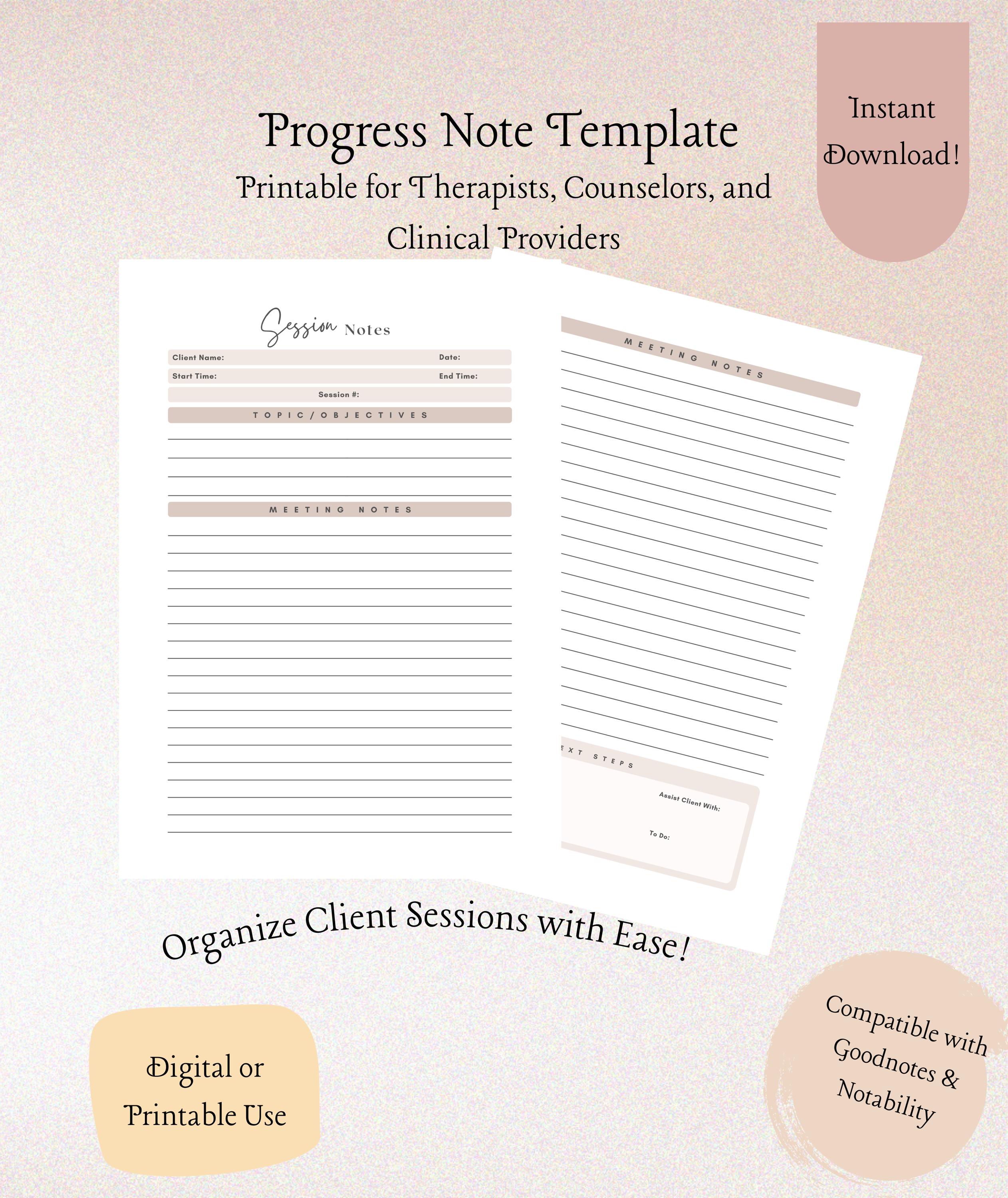 Fillable Therapy Progress Note Template | Printable Session Organizer ...