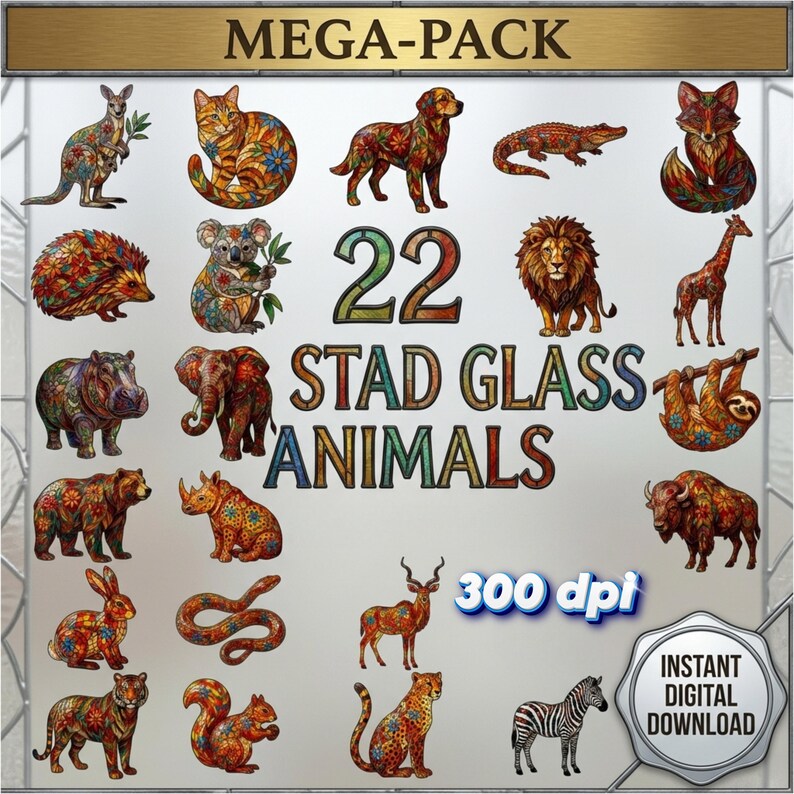Stained Glass Animal PNG Bundle, 22 Wildlife Clipart Designs (digital ...