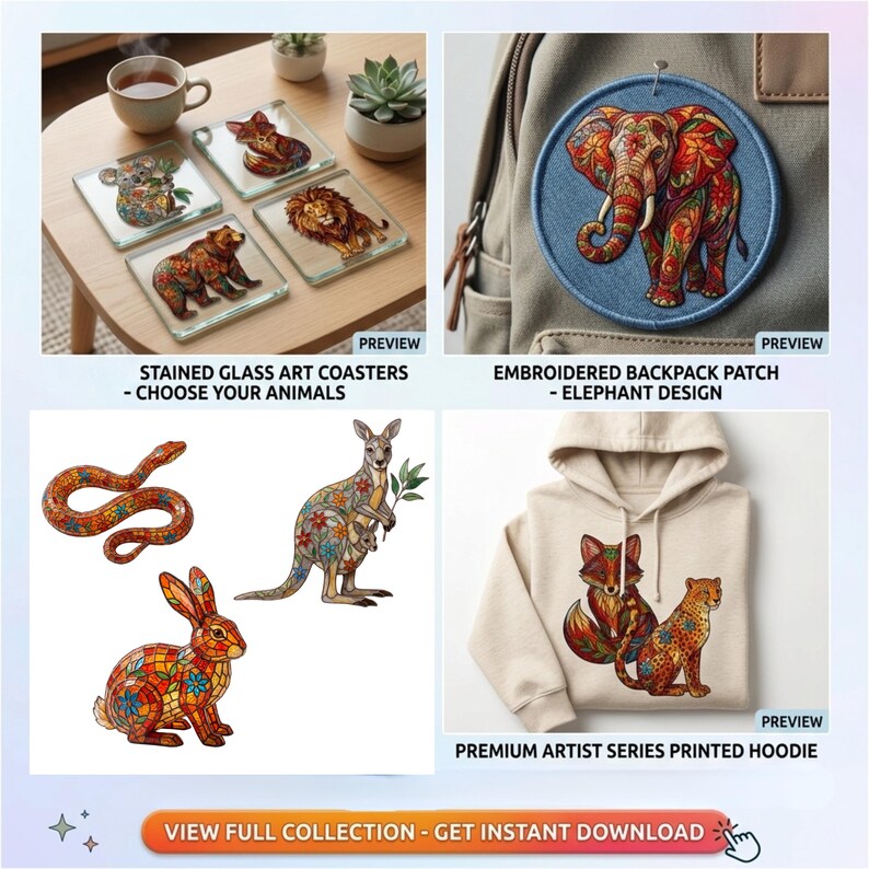 Stained Glass Animal PNG Bundle, 22 Wildlife Clipart Designs (digital ...