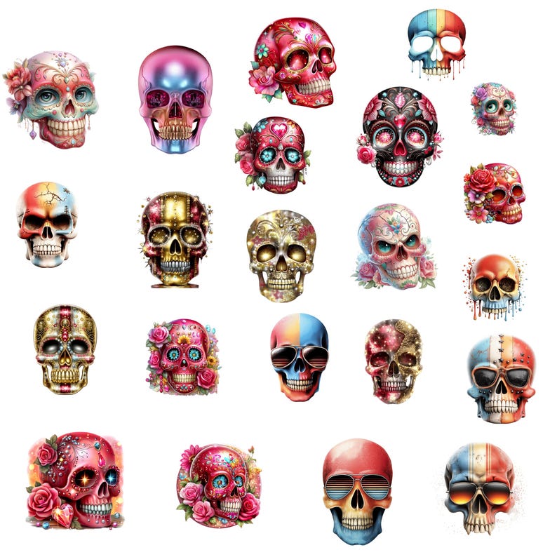 Gothic Skull PNG Bundle, Tattoo Style Clipart, Colorful Sublimation ...