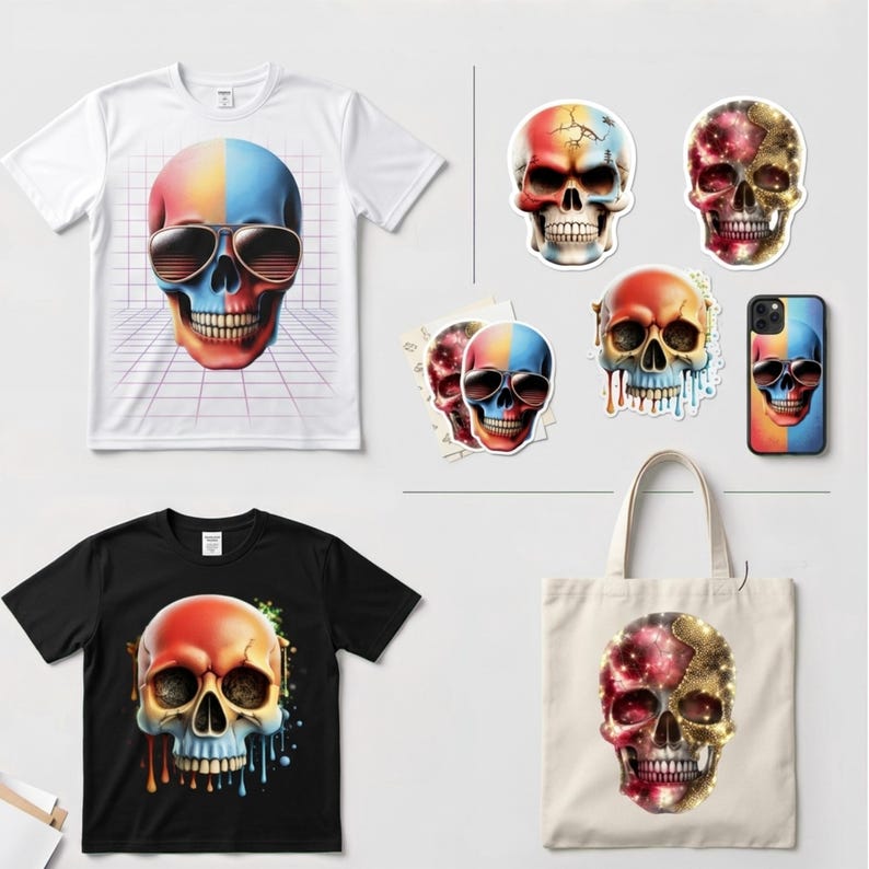 Gothic Skull PNG Bundle, Tattoo Style Clipart, Colorful Sublimation ...