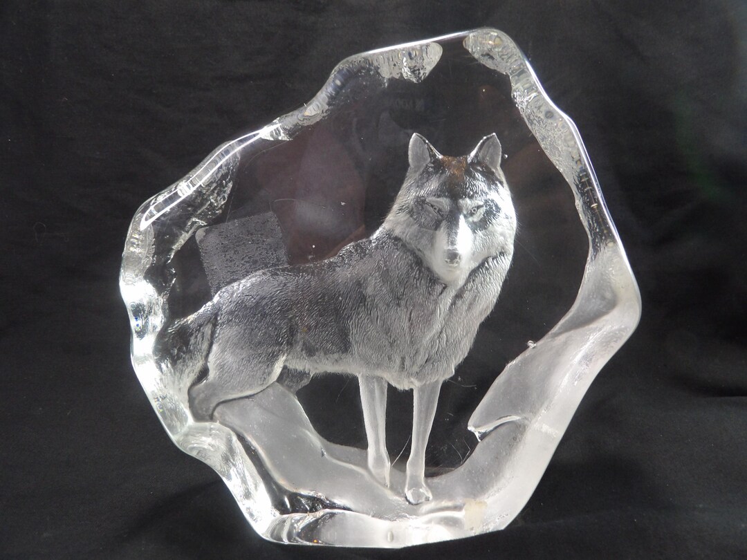 Vintage Mats Jonasson Crystal Wolf Paperweight Sign - Etsy