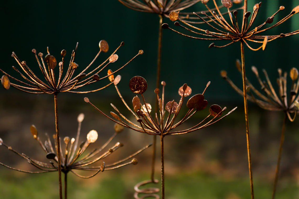 Rustic Metal Flower Garden Stake: Dandelion & Allium Inspired Yard Art ...