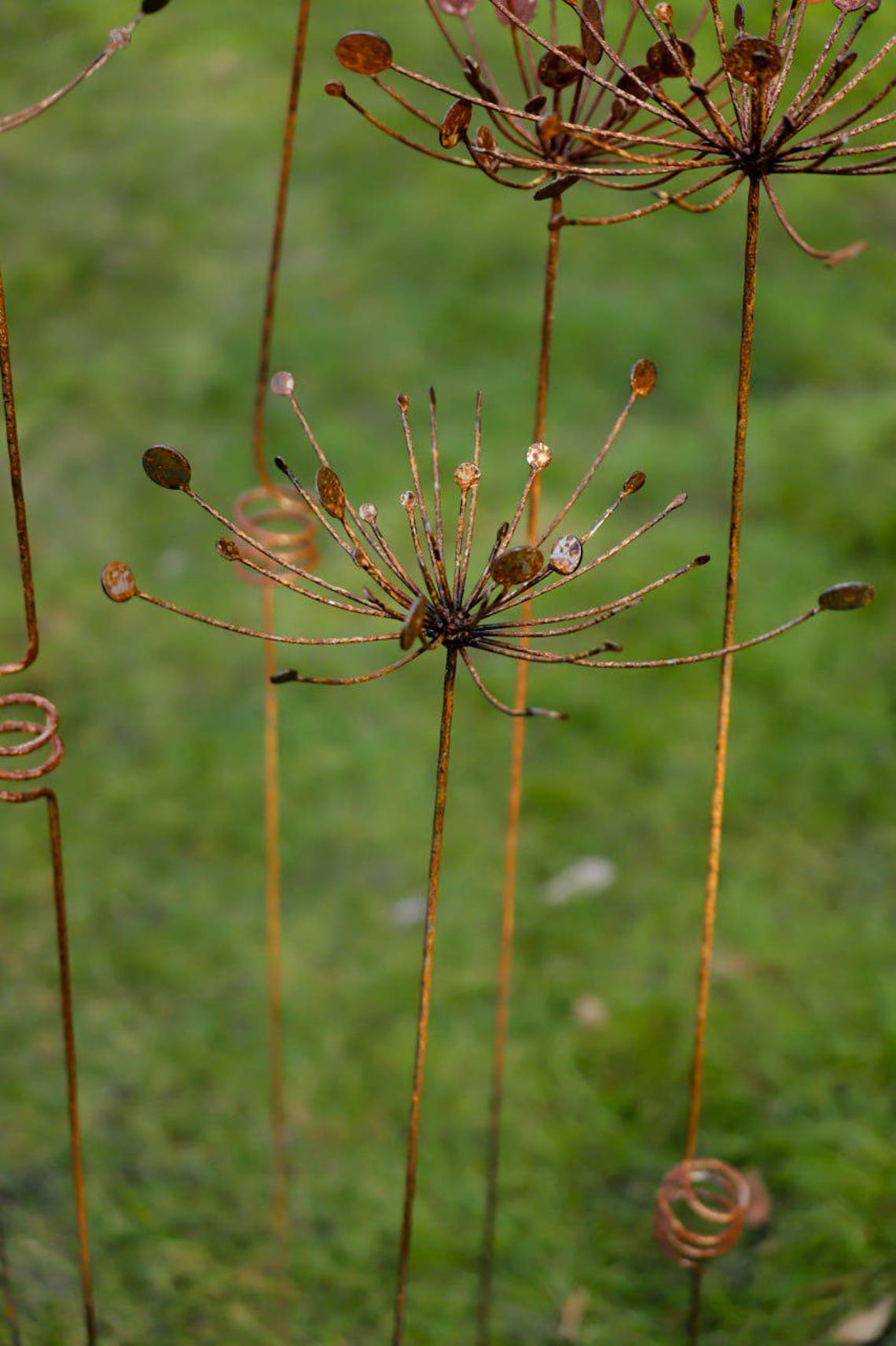 Rustic Metal Flower Garden Stake: Dandelion & Allium Inspired Yard Art ...