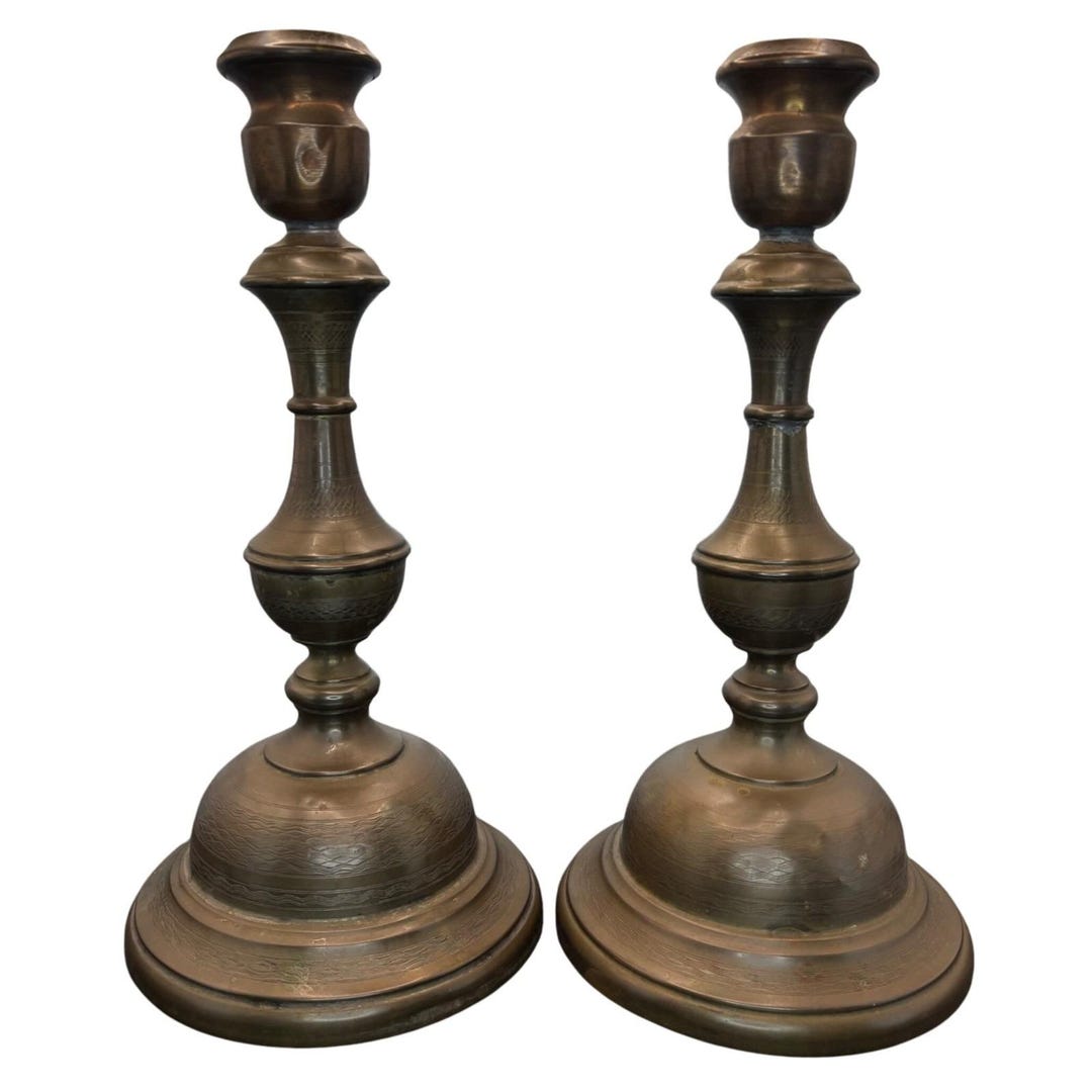 Vtg Russian Brass Candlesticks Pair Ornate Etched Design Metal Candle ...