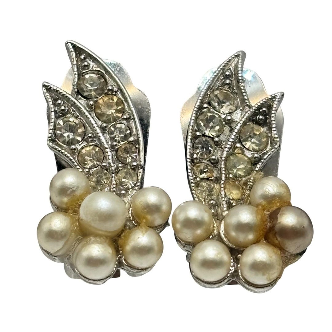 Vintage MCM Richelieu Rhinestone Faux Pearl Cluster Clip Earrings ...