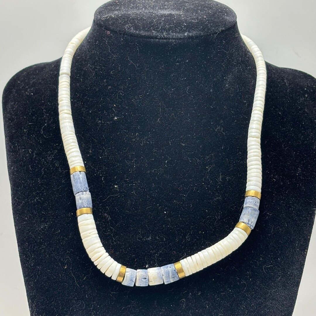 Vintage White Blue Puka Shell Choker Necklace Surfer Boho Authentic 18 ...