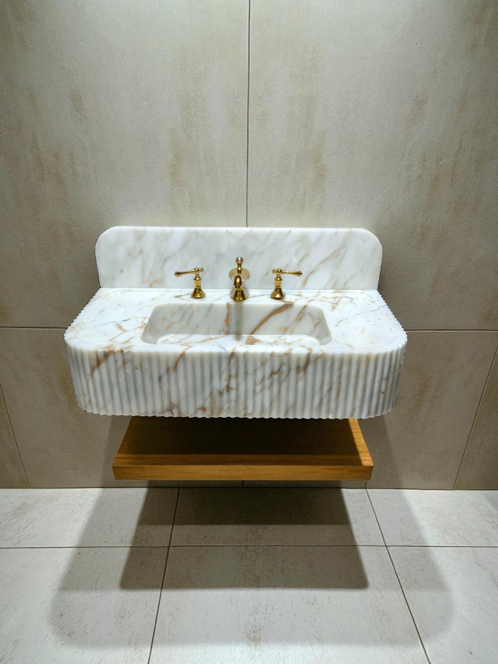 Calacatta Gold Marble Sink – Fluted Vanity Basin With Backsplash ...