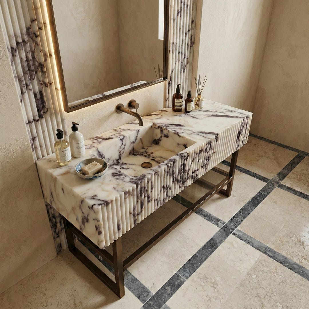 Calacatta Viola Marble Vanity Sink Fluted Front Integrated Basin - Etsy
