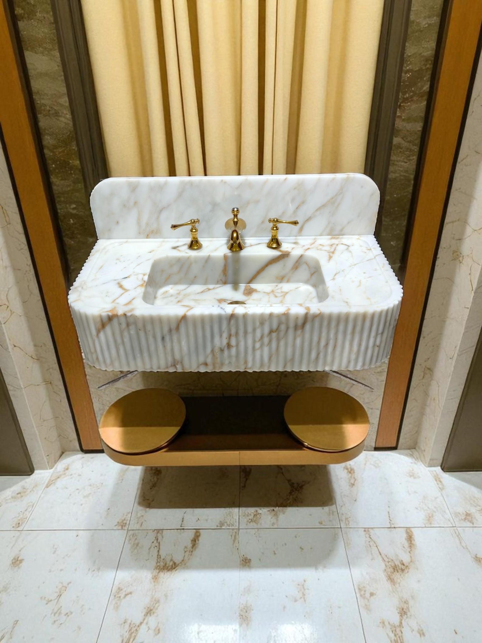 Calacatta Gold Marble Sink – Fluted Vanity Basin With Backsplash ...