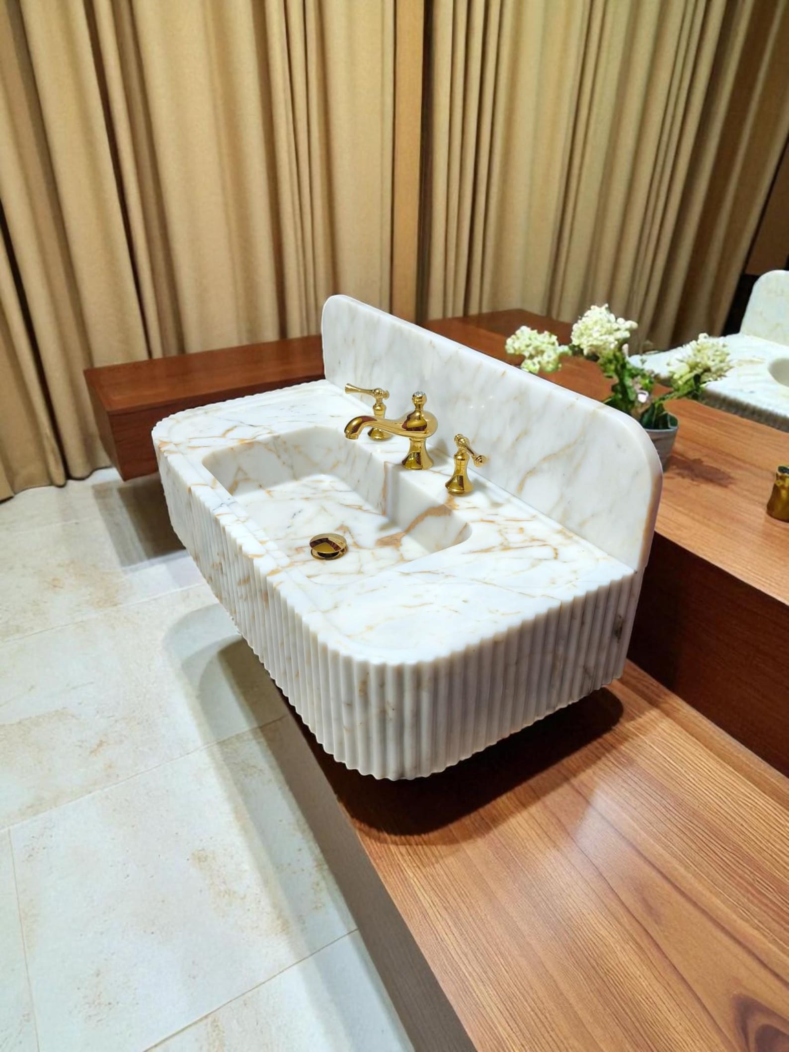 Calacatta Gold Marble Sink – Fluted Vanity Basin With Backsplash ...