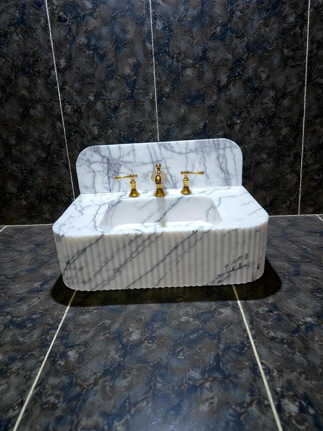 Lilac Marble Sink With Brass Faucet – Fluted Stone Vanity Basin With 8 ...