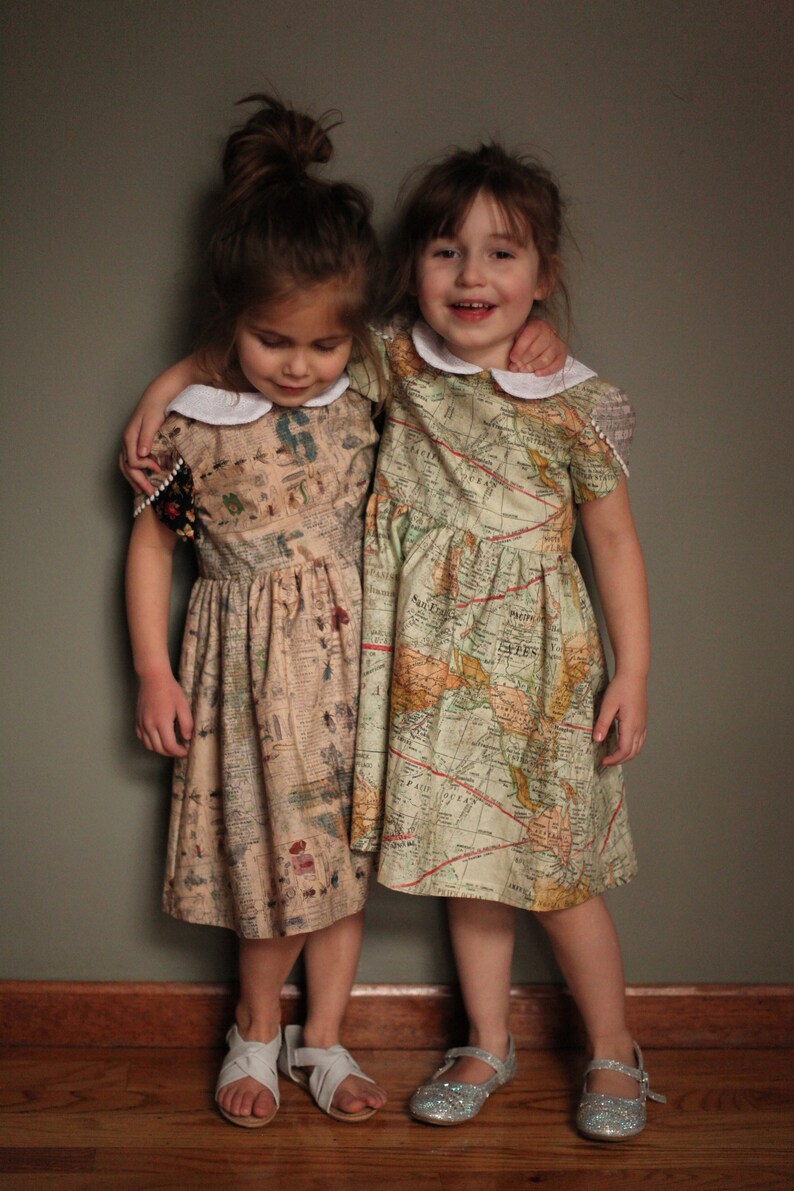 Girl's World Map Cotton Print Dress With Petal Sleeves and - Etsy
