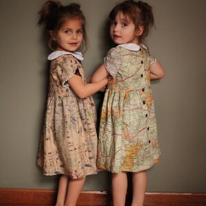 Girl's World Map Cotton Print Dress With Petal Sleeves and White Eyelet ...
