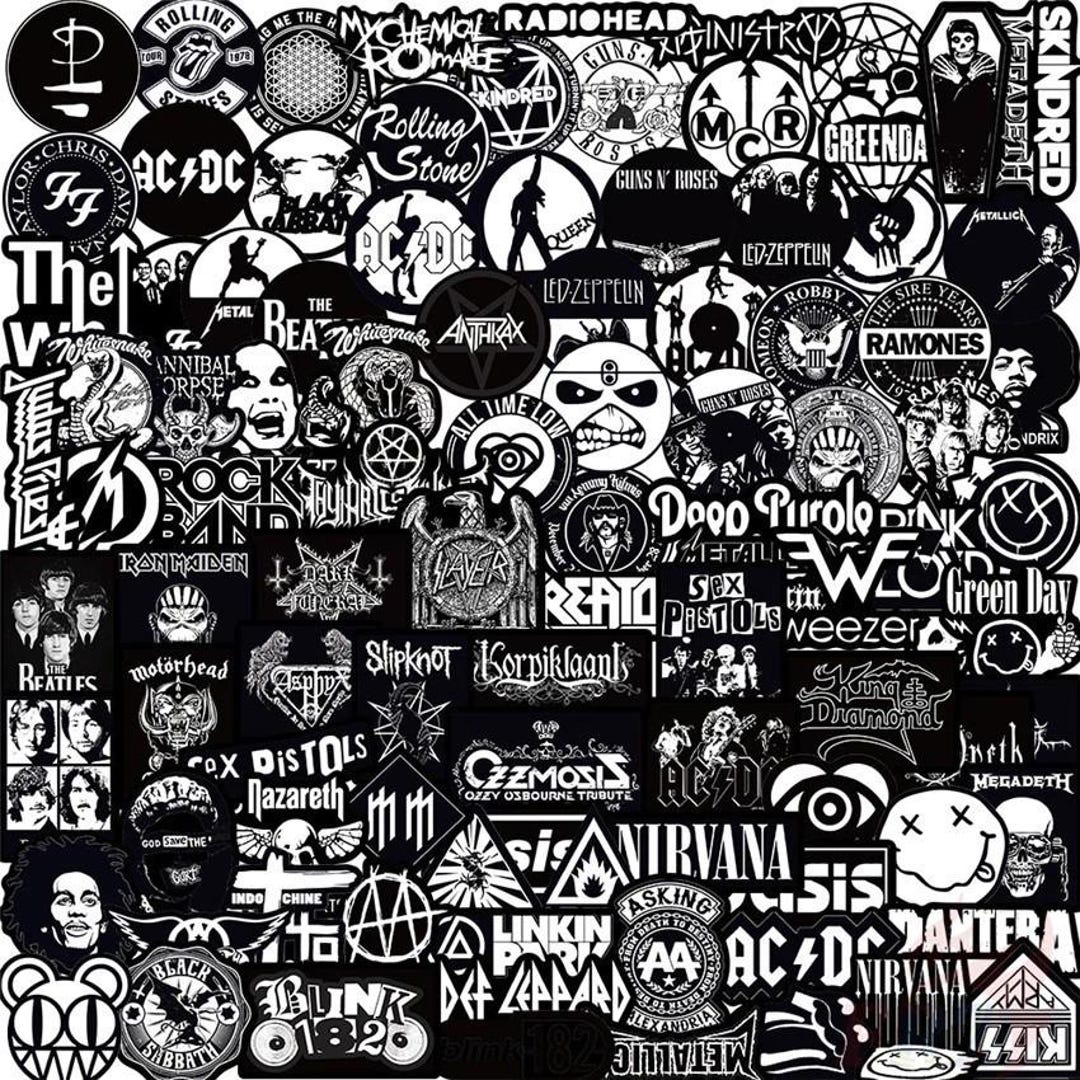 100 Mixed Rock Band Rock 'n' Roll Black and White Sticker Pack for ...