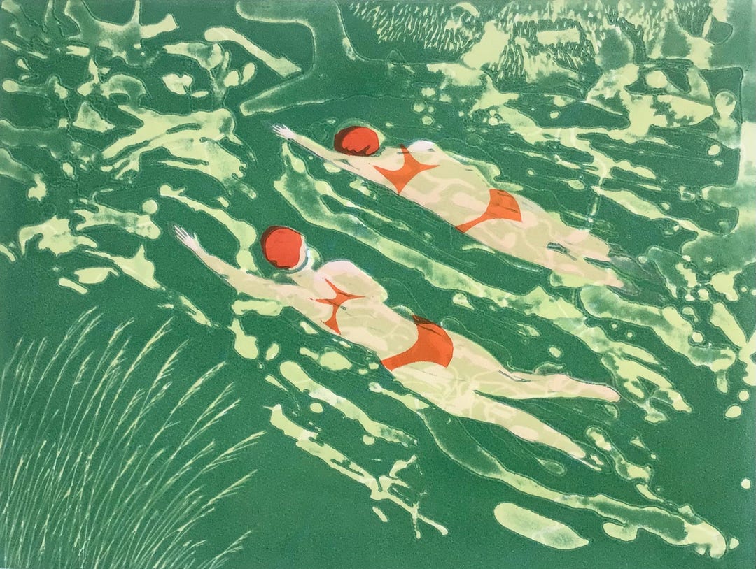 Two Go Wild Again ' Original Linocut Print Two Swimmers Wild Swimming ...