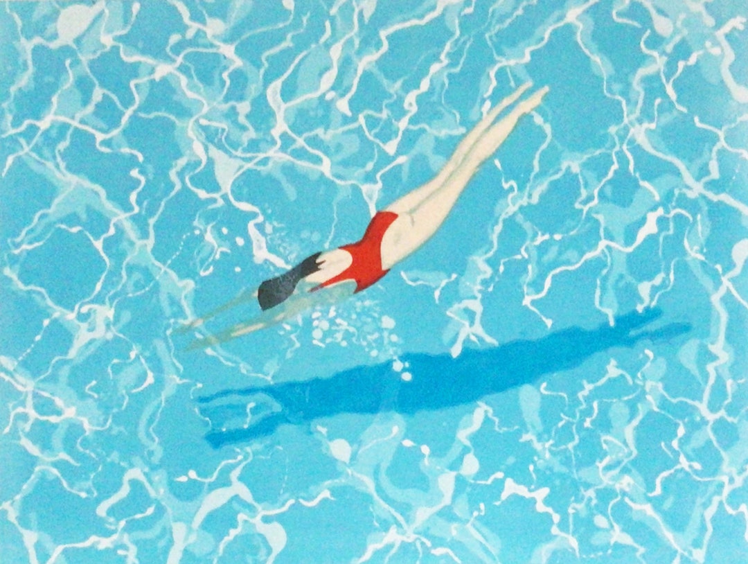 Diving in Original Linocut Wall Art Diving Swimming a Lady Diving in ...