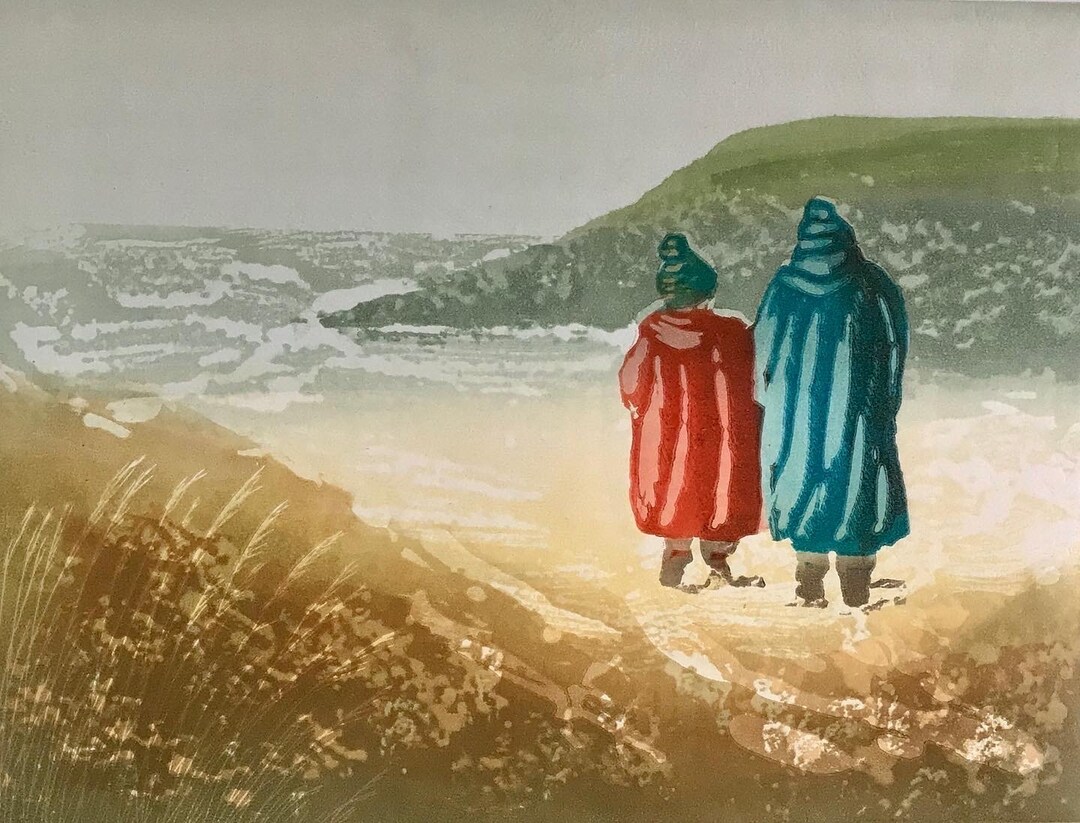 A Day at the Beach Original Linocut Print Artwork Wall Art Two People ...