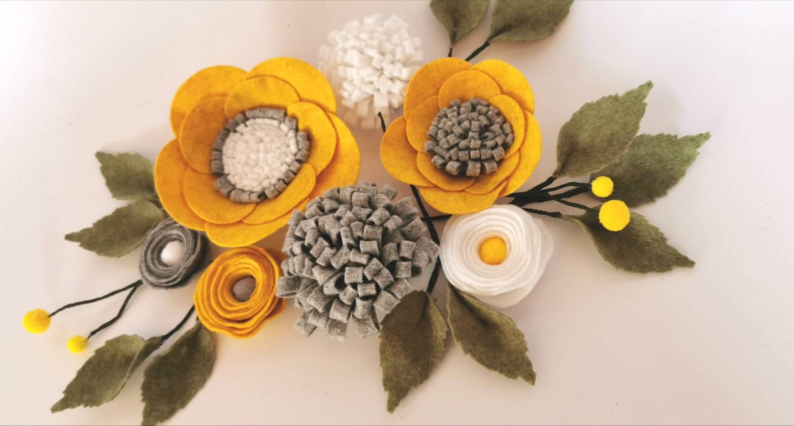 Mustard Gray and White Felt Flowers Set. | Etsy