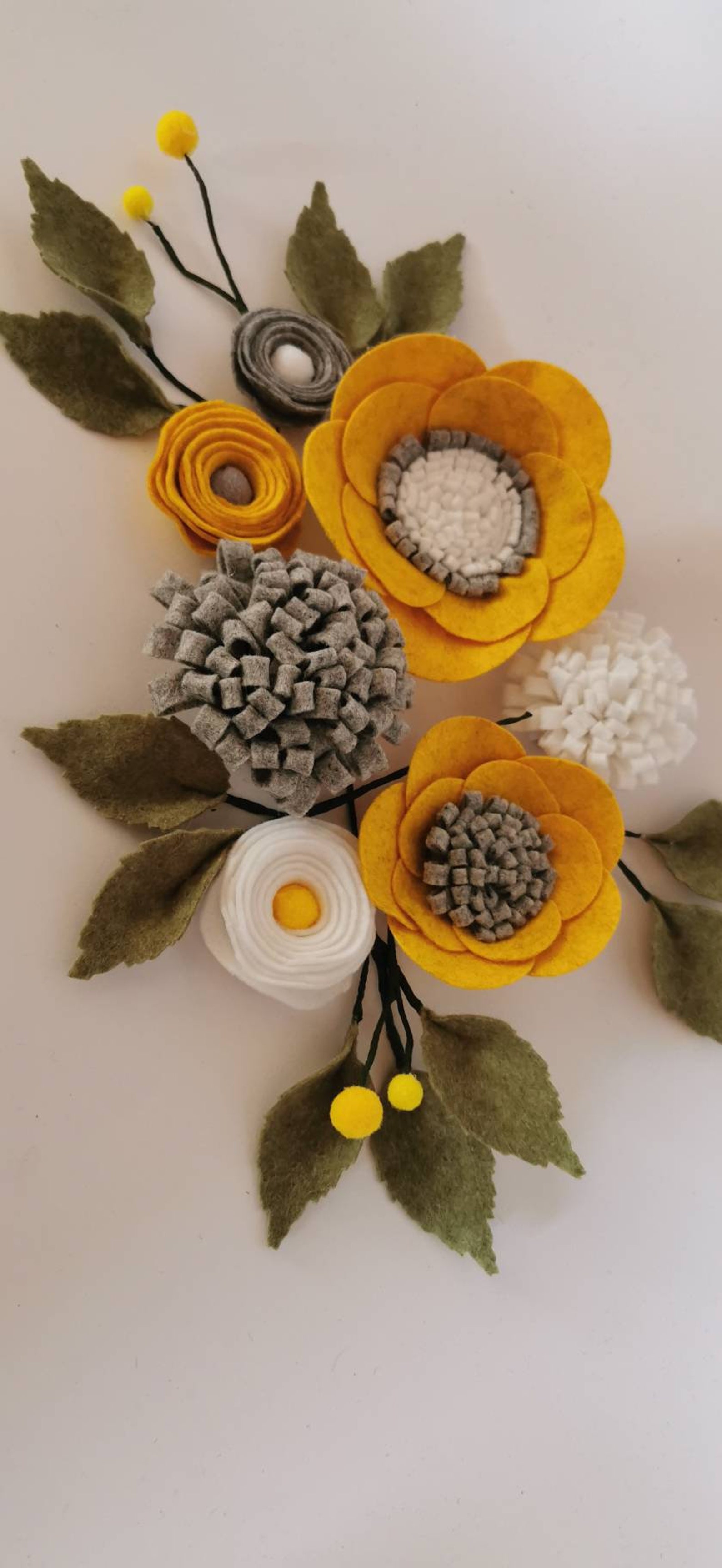 Mustard Gray and White Felt Flowers Set. | Etsy
