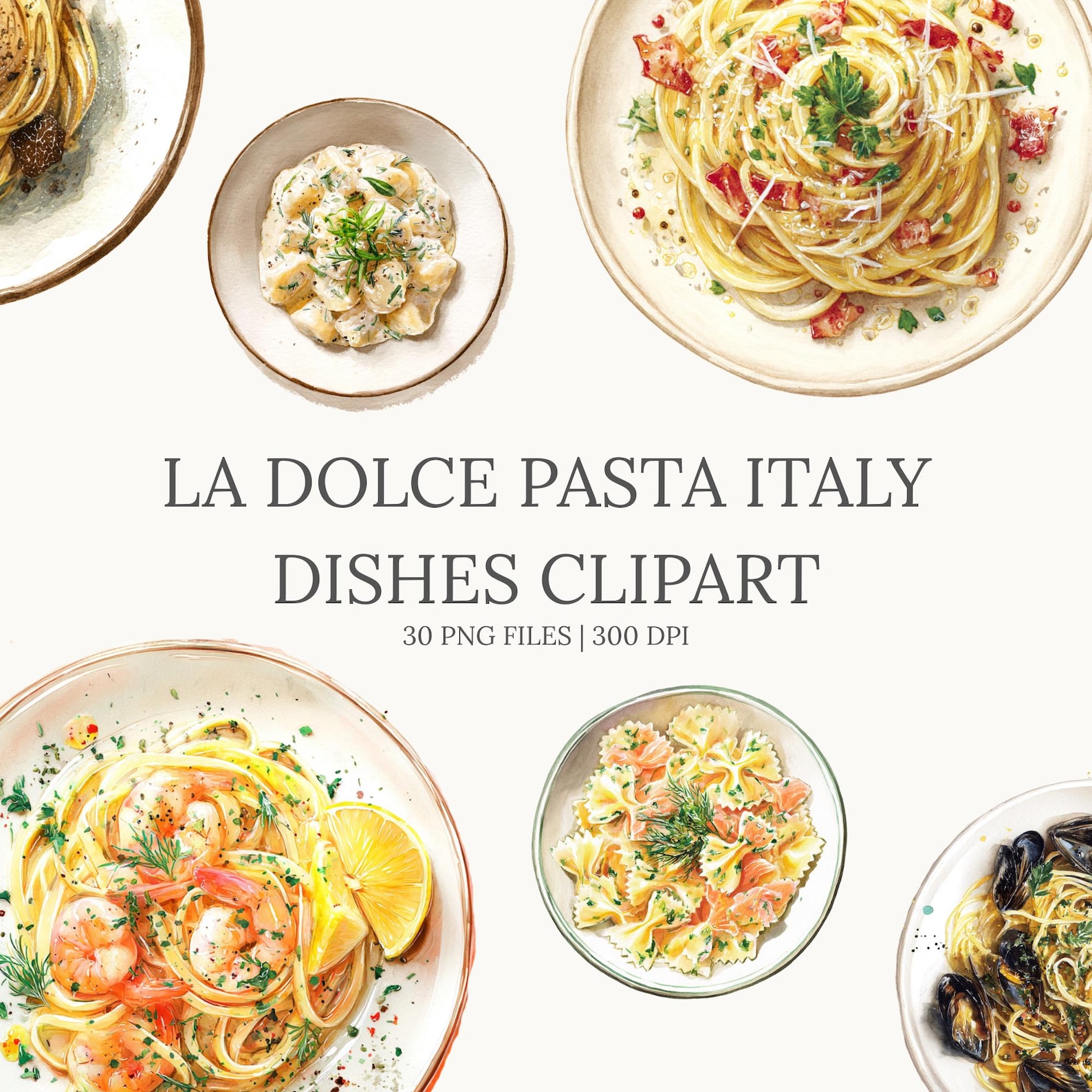 Italian Pasta Dishes Clipart: Watercolor Pngs for Kitchen Art (digital ...