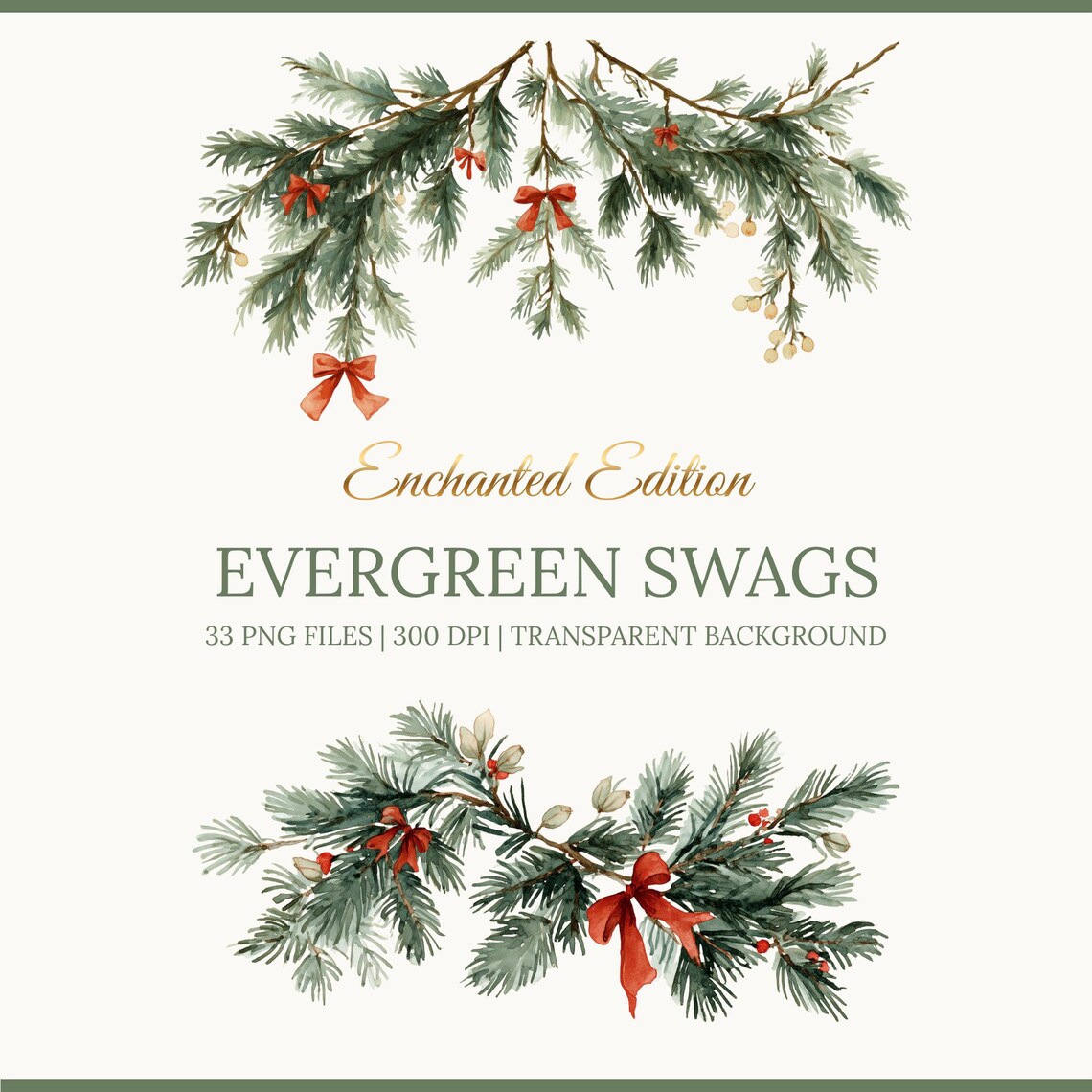 Watercolor Christmas Greenery Clipart, Holiday Garland PNG, Evergreen ...