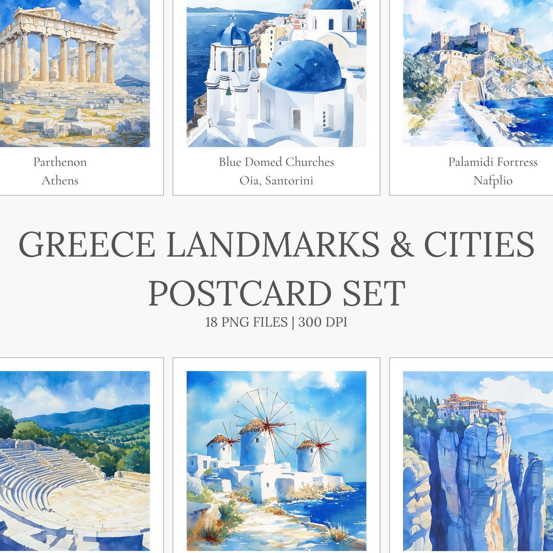 Greece Postcard Set — Watercolor Landmarks & Cities of Greece — Travel ...