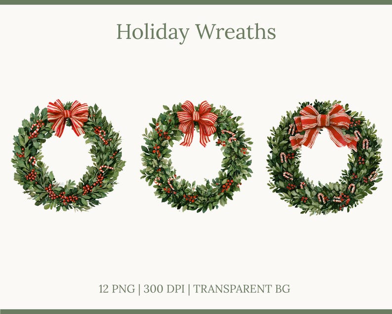 Watercolor Christmas Wreath Clipart, Holiday Greenery PNG, Botanical ...