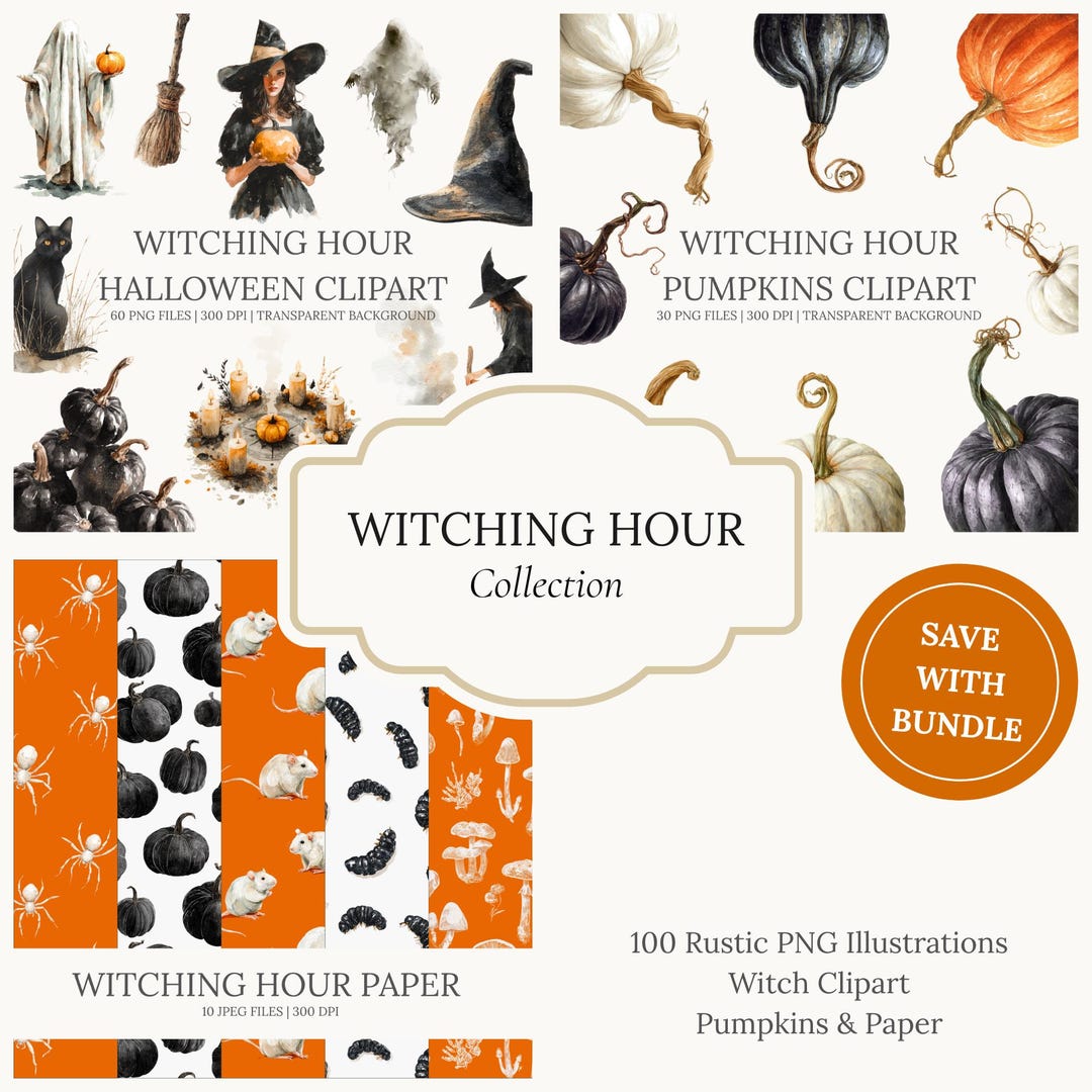Watercolor Halloween Clipart Bundle: Witch, Ghost, Pumpkin (digital ...
