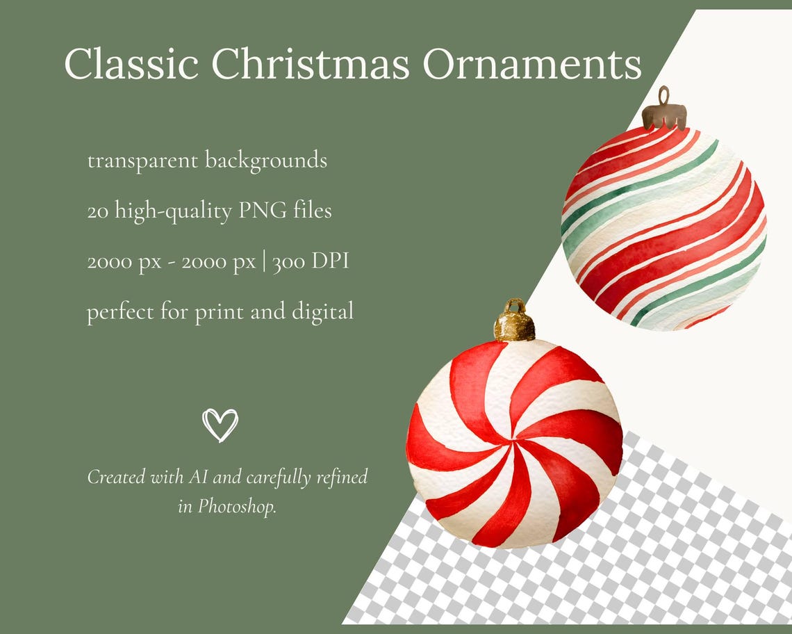 Christmas Ornaments Clipart, Watercolor Baubles PNG, Red Green Gold ...