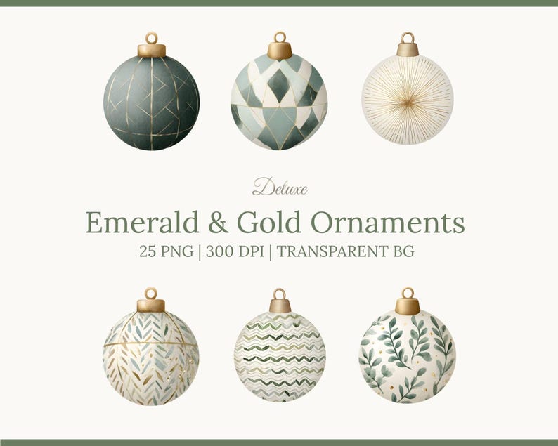 Watercolor Emerald Gold Christmas Ornaments, Green Baubles PNG, Ivory ...